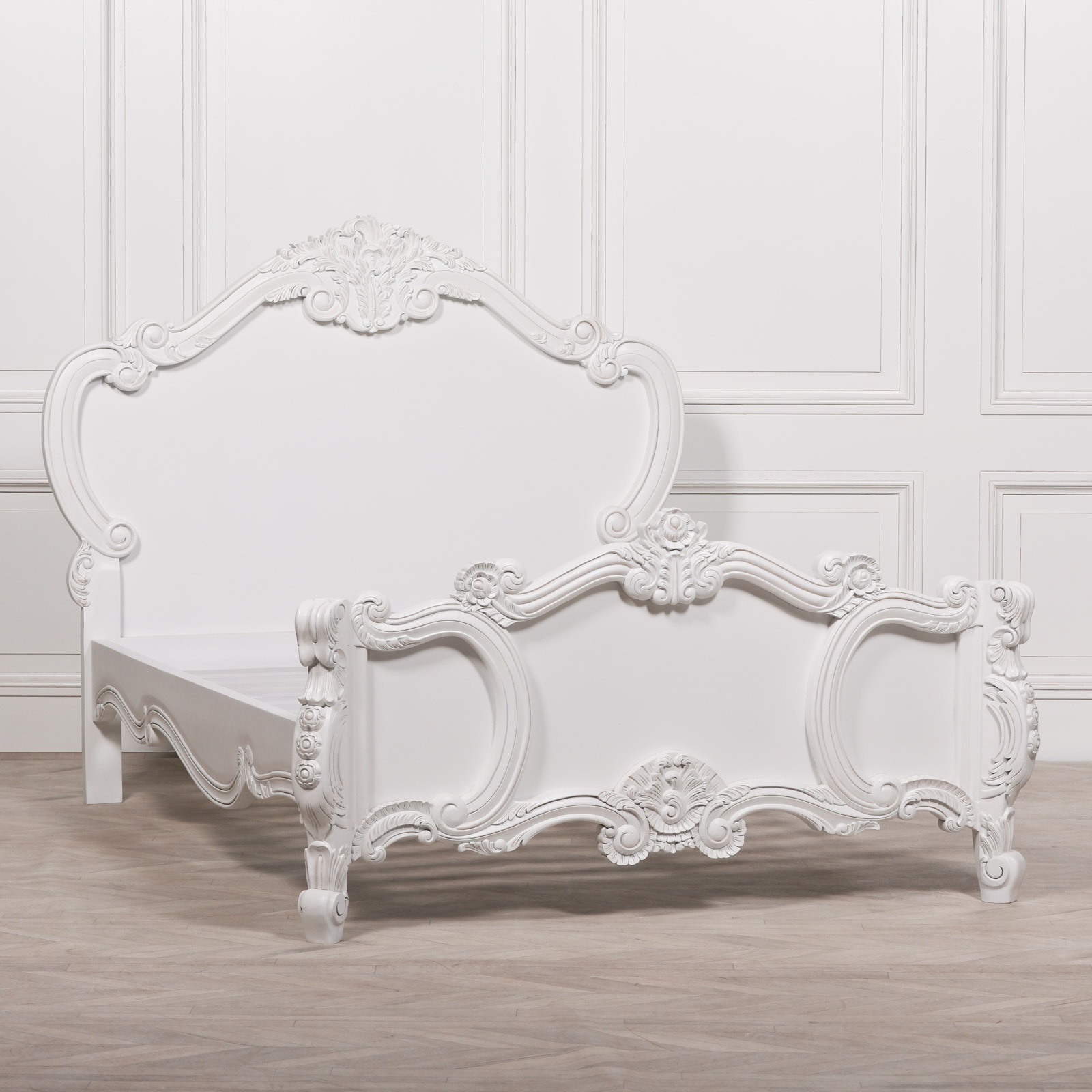 French Rococo White Double Size 4ft6 Wooden Carved Rose Cherub Bed