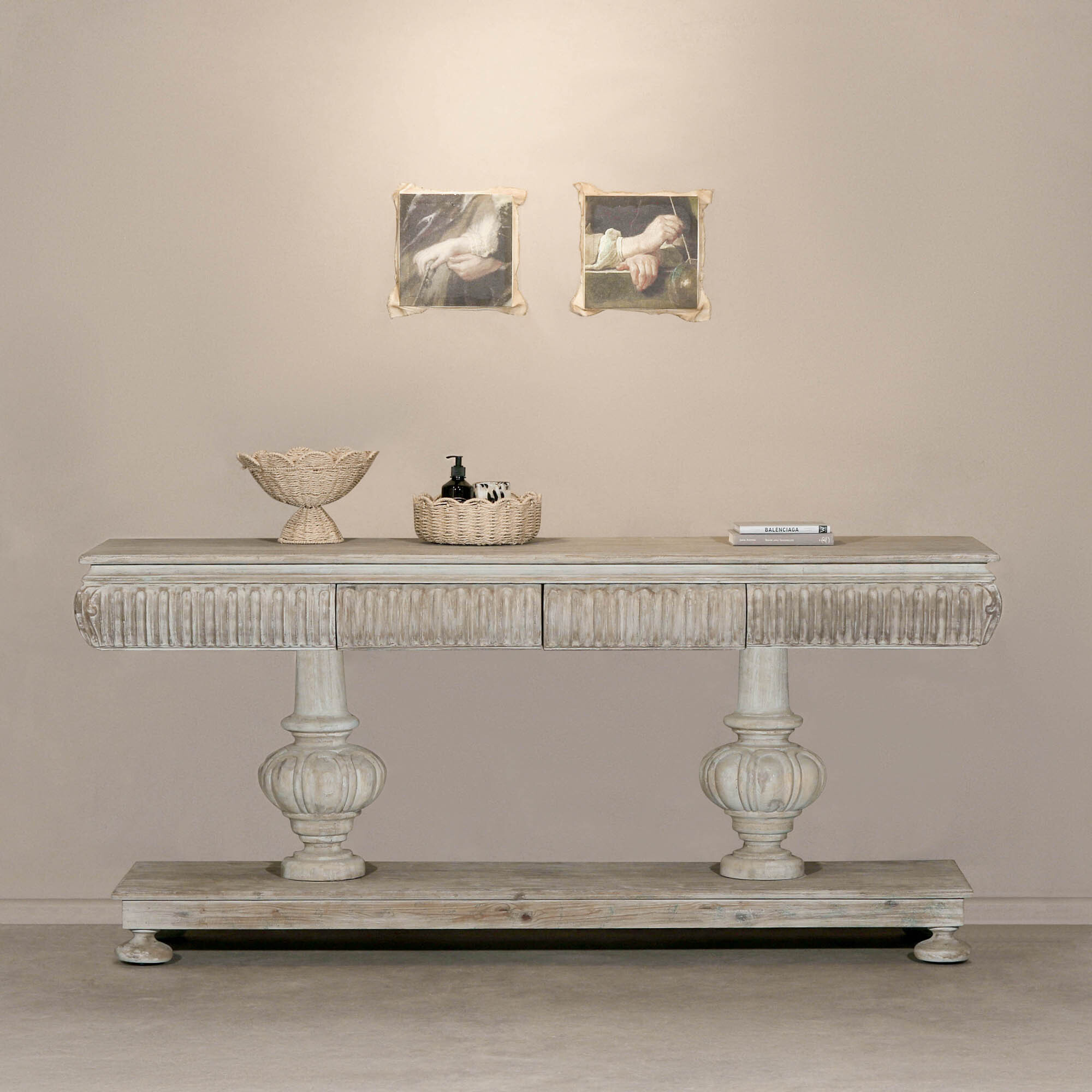 French Style Aged Rustic Large Pedestal Console Hall Table