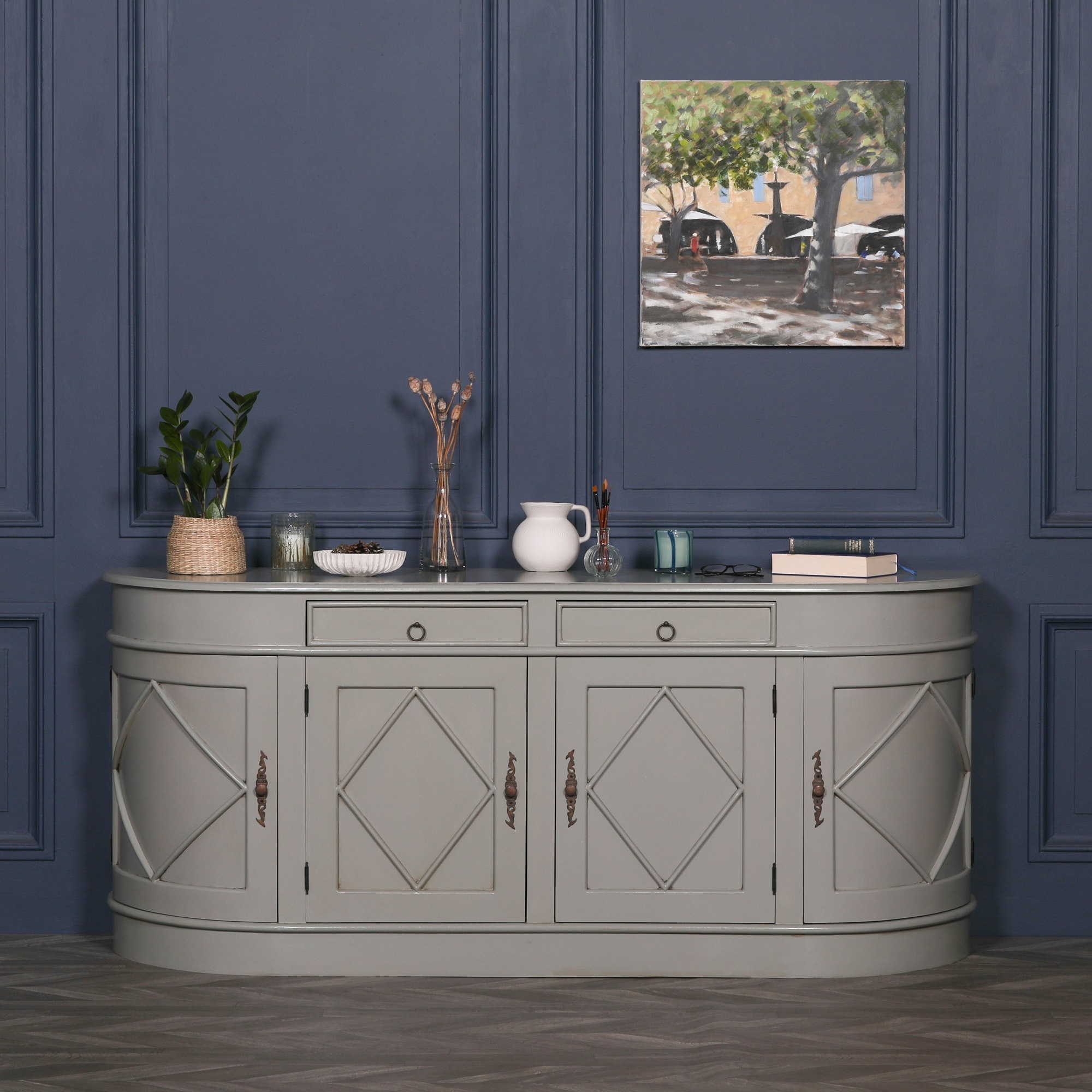 French Style Curved Grey Large Rounded Sideboard
