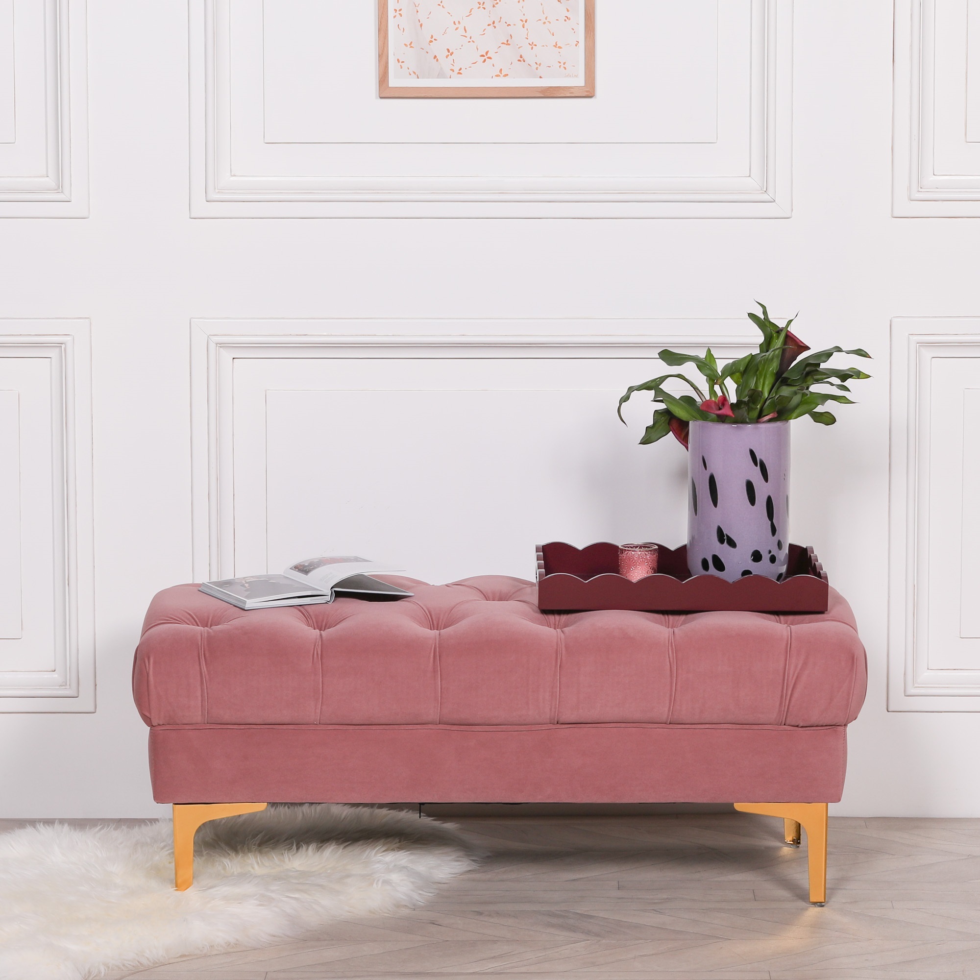 Rose Pink Velvet Buttoned Ottoman Footstool With Metal Gold Plated Legs