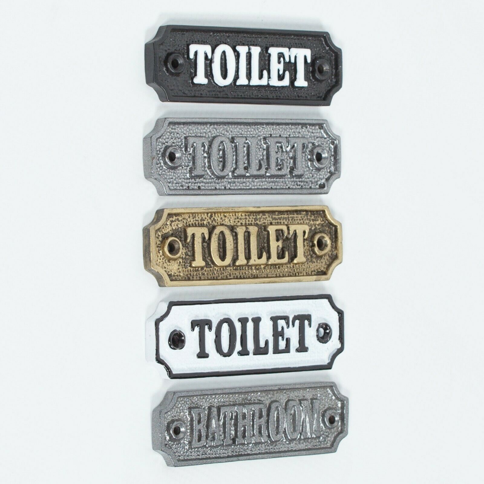 Victorian Toilet Door Sign Cast Iron Metal Black Letters White Background