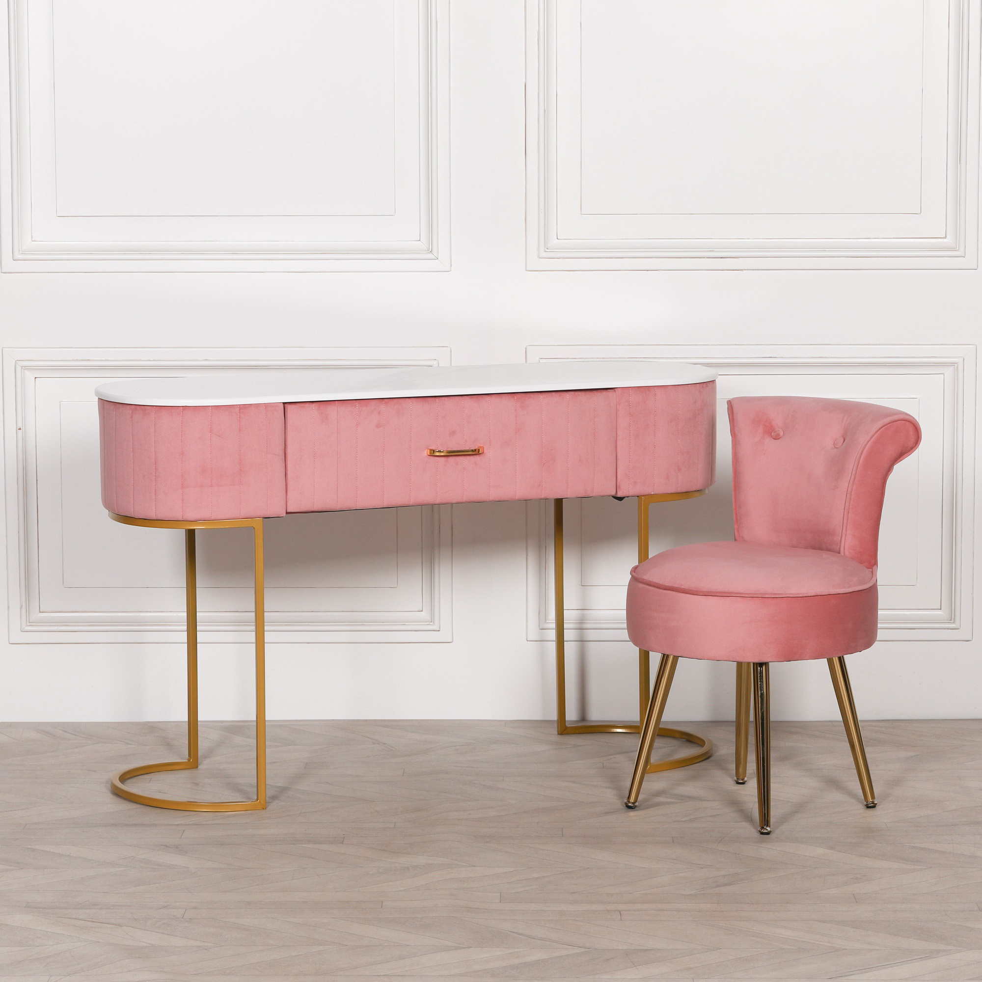 Pink Velvet Dressing Table with Marble Effect Top And Gold Base